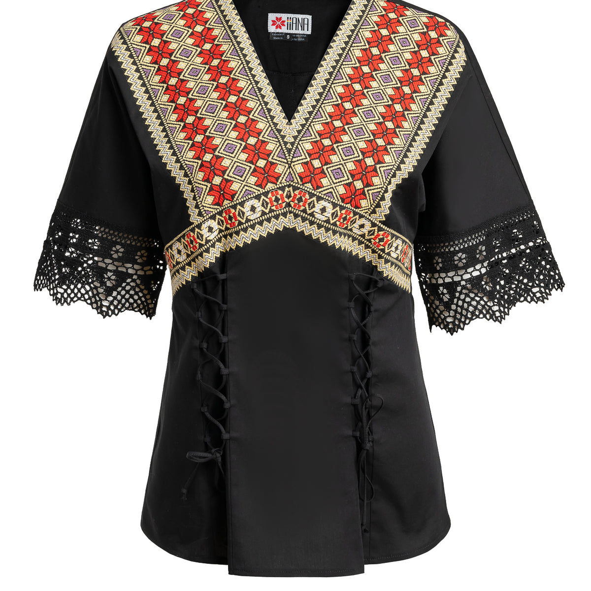 Bluză kimono cu dantelă tradițională și jacquard etnic țesut – Iiana ...