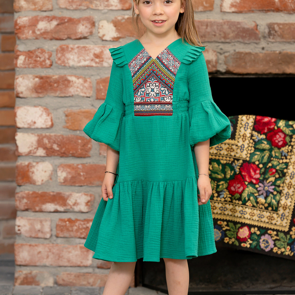 Rochie Neoetnică Verde Fetițe 4-7 Ani Jacquard Etnic – Iiana Sanziana