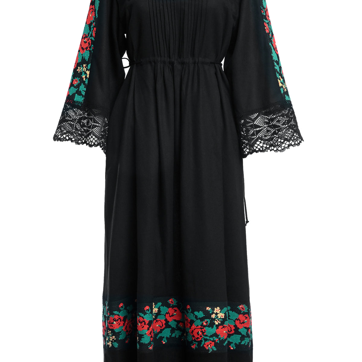 Rochie tradițională din in cu jacquard țesut și dantelă românească ...