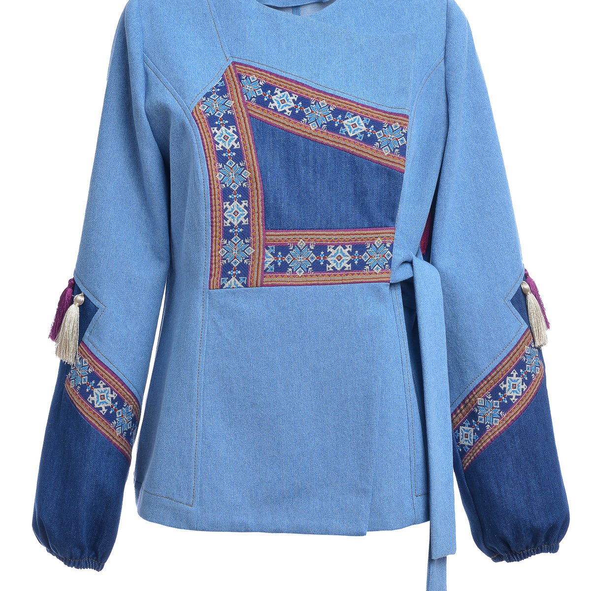 Jacheta din denim cu ciucuri de matase si jacquard etnic - IIANA ...